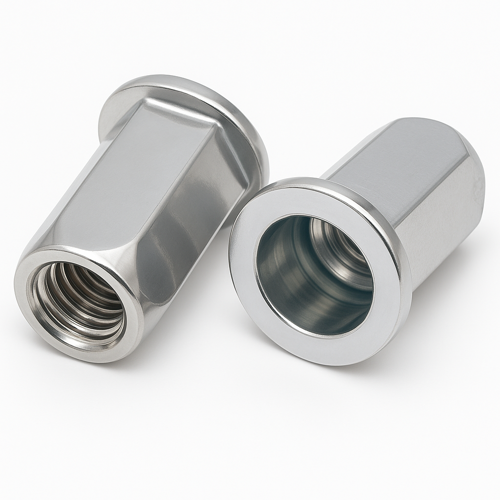 M8 x 21.0mm Steel Full Hexagon Flat Head, Round Open End Rivet Nut ...